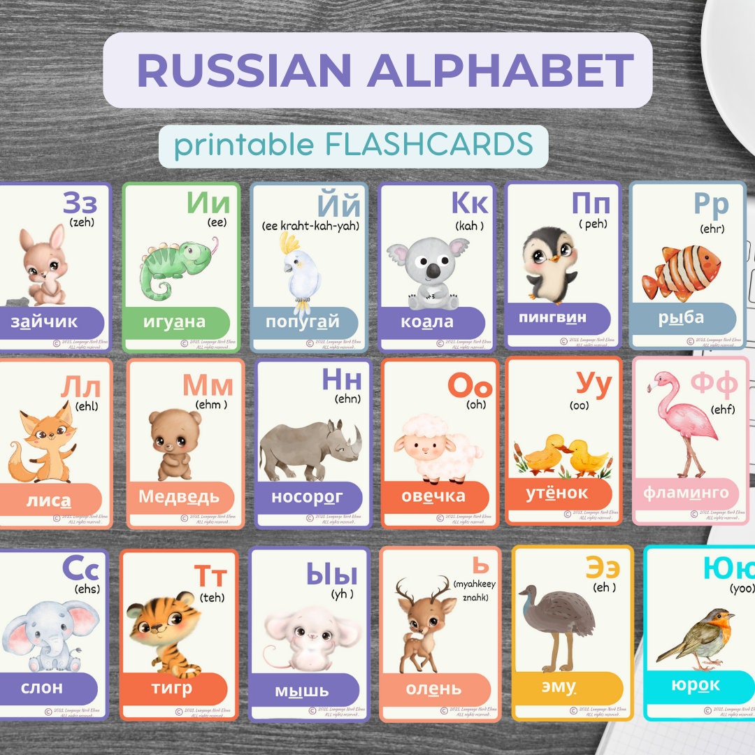 RUSSIAN ALPHABET Flashcards in Watercolour Animals Russian - Etsy