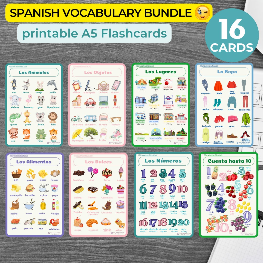 SPANISH BASIC VOCABULARY Overview Bundle A5 Flashcards Spanish ...