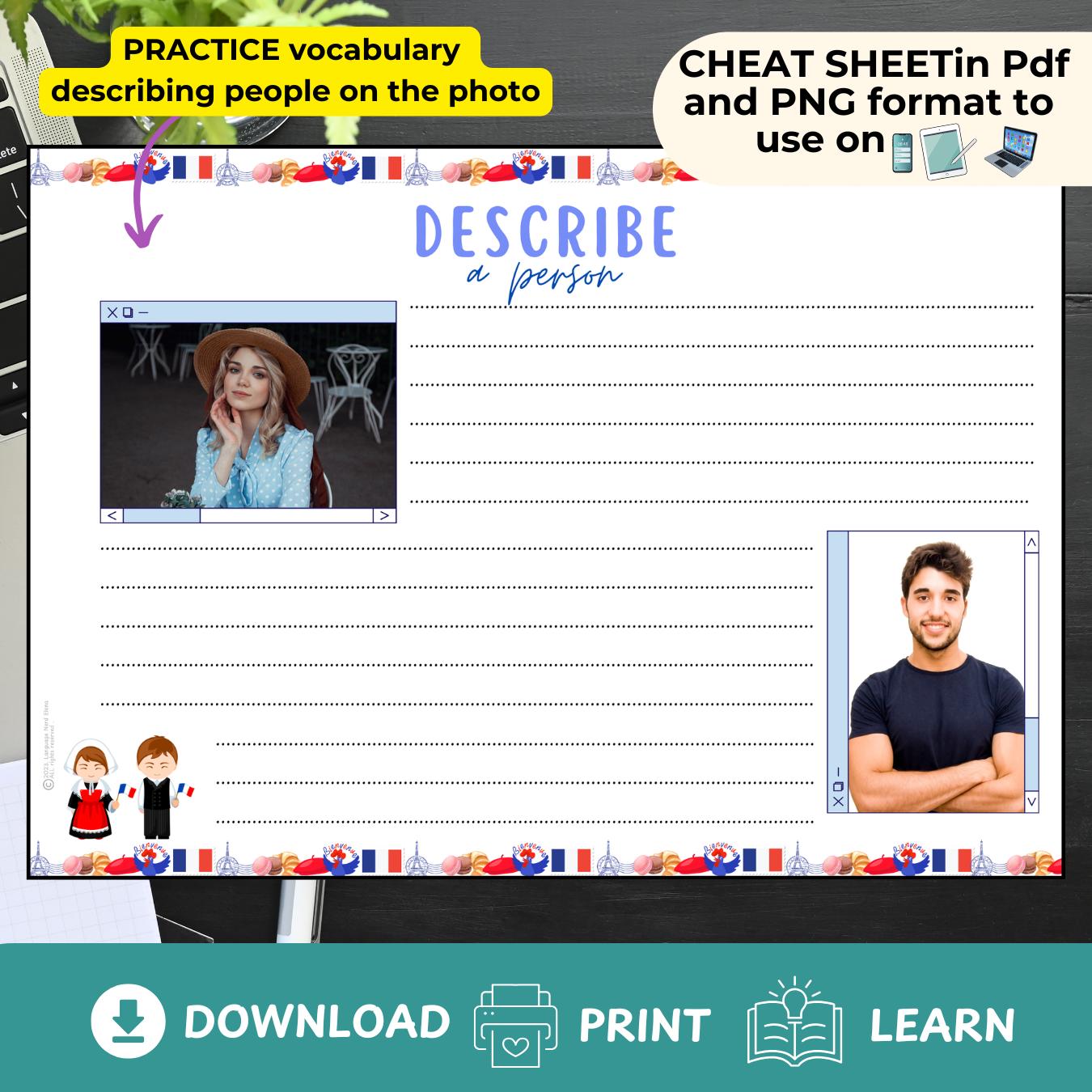 French Language Vocabulary Cheat Sheet: Describe People (PDF) French ...