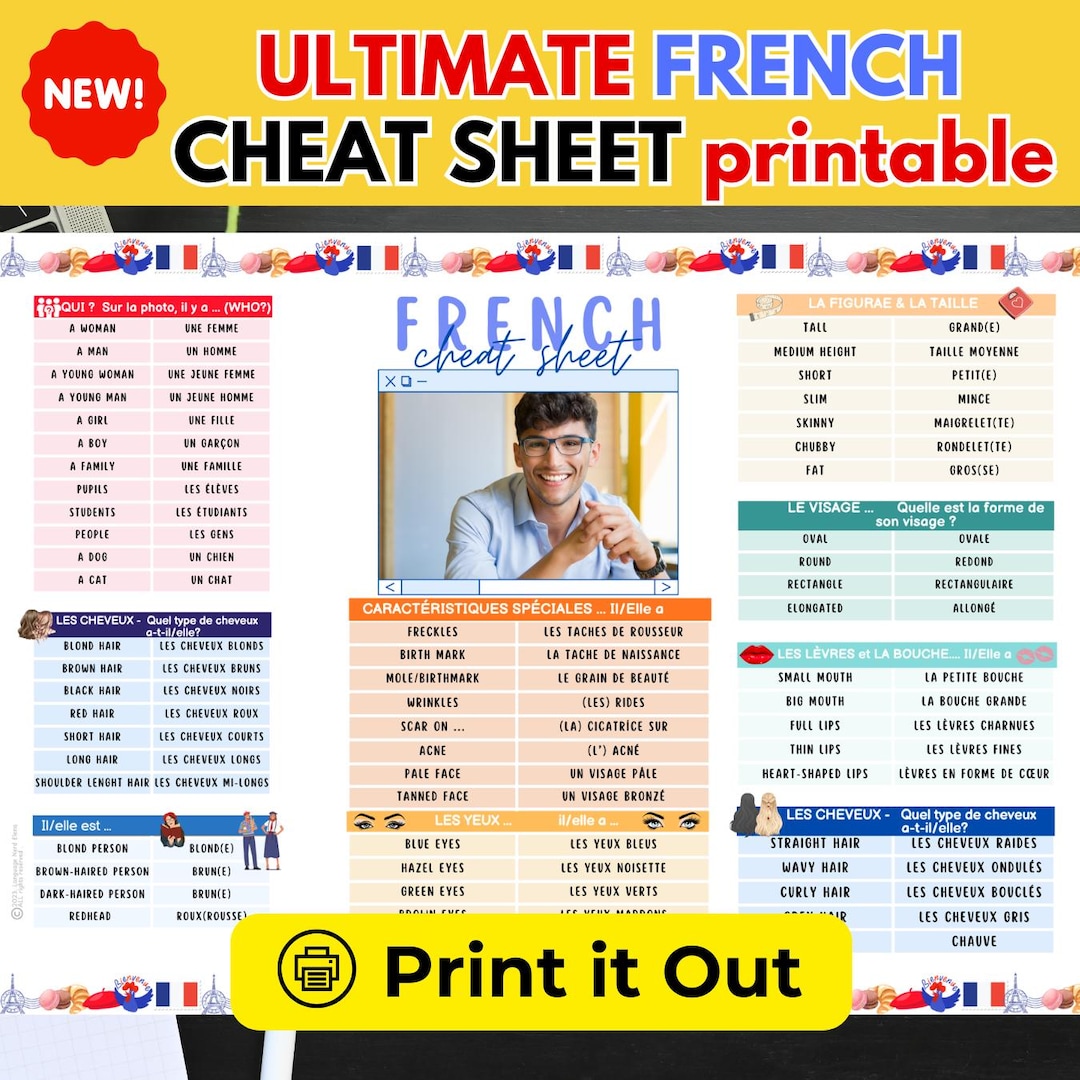 French Language Vocabulary Cheat Sheet: Describe People (PDF) French ...