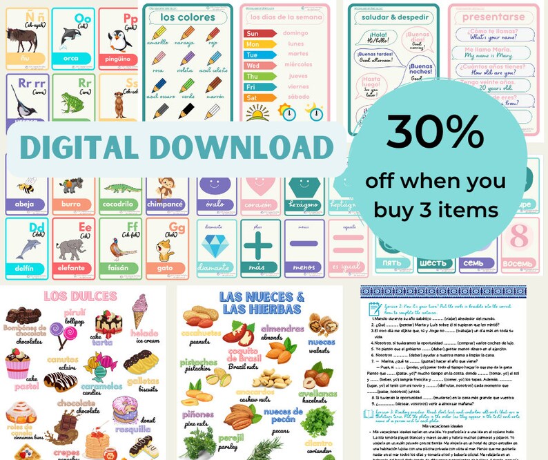 SPANISH ALPHABET Flashcards With Watercolour Animals Educational ...