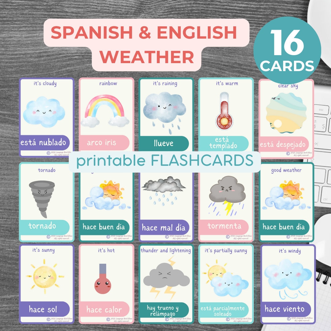 16 Weather BILINGUAL SPANISH ENGLISH Cards Montessori Flashcards Pre ...