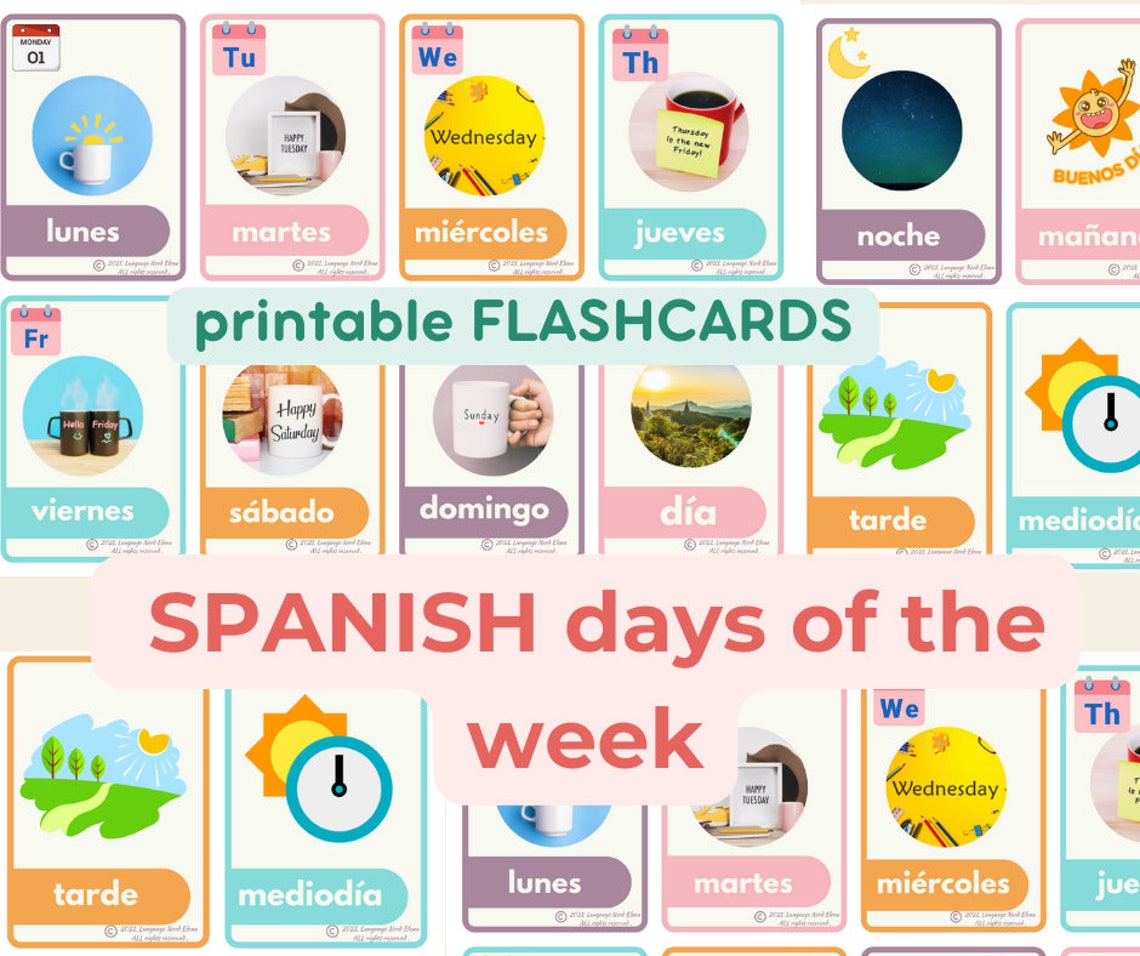 SPANISH Days of the Week Flashcards Educational Printable Flashcards ...