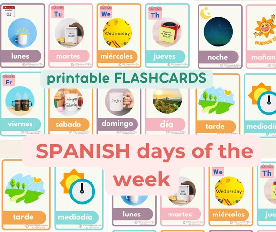 SPANISH Days of the Week Flashcards Educational Printable - Etsy