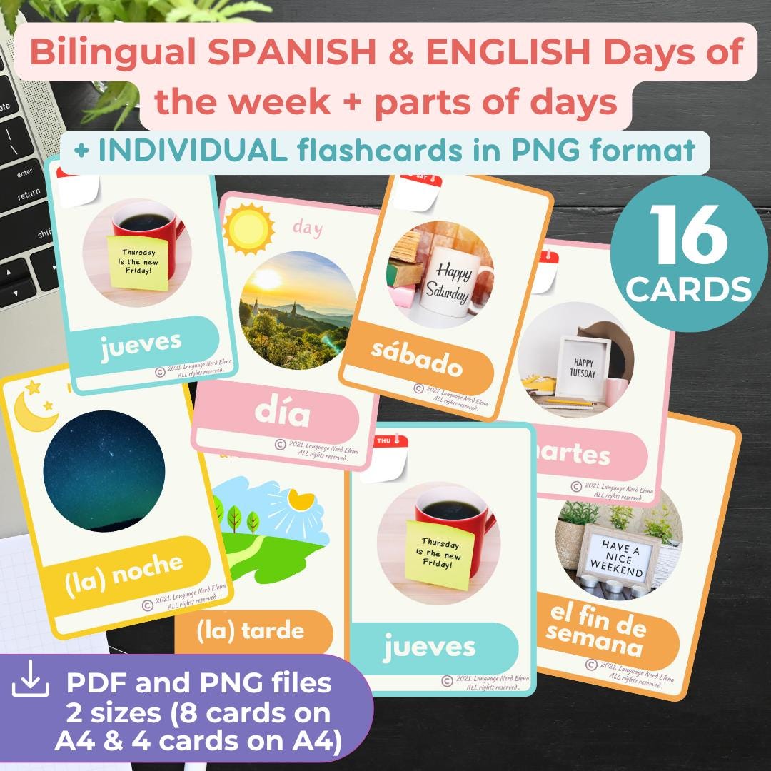 SPANISH Days of the Week Flashcards Spanish English Educational ...