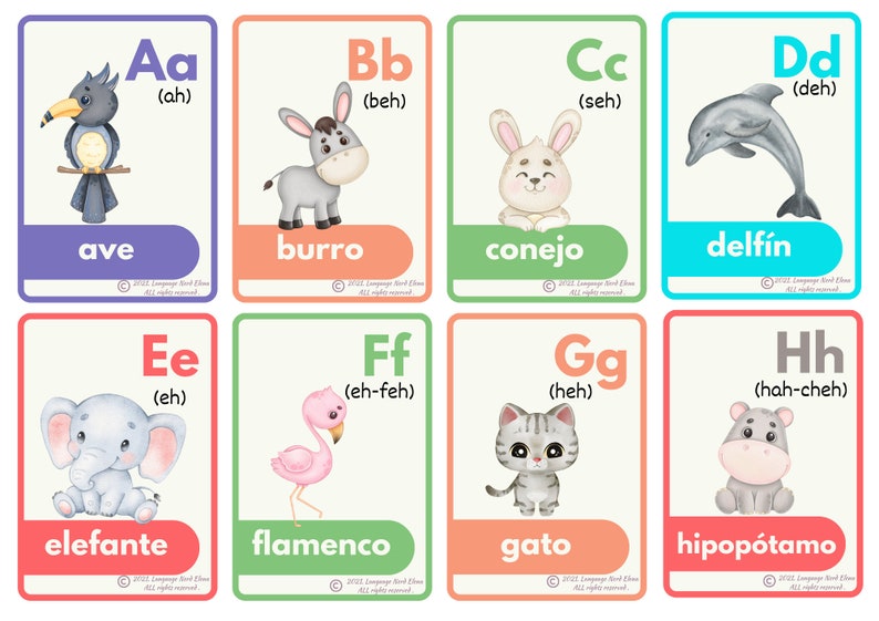 SPANISH ALPHABET Flashcards With Watercolour Animals Educational ...