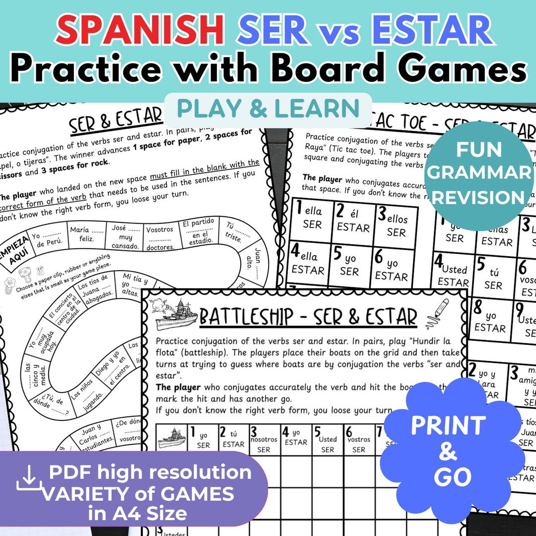 SER Vs ESTAR Spanish Verbs Practice Board Game Conjugation Worksheets ...