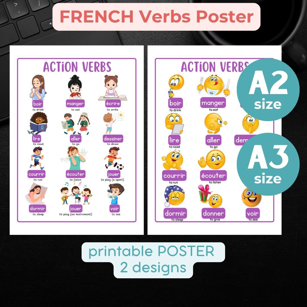 French Verb POSTERS Daily Activities Verbs Bilingual English French ...