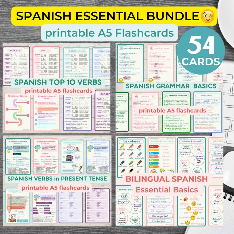 Learn SPANISH BASICS OVERVIEW Bundle A5 Flashcards Learn Spanish ...