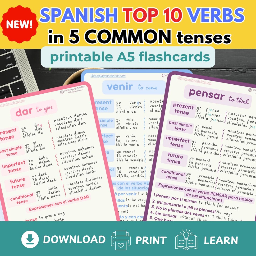 Spanish Verb Conjugation Flashcards, Grammar Basics (digital Download ...