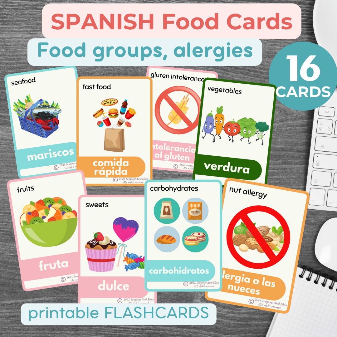Spanish Food Groups Allergies Flashcards Bilingual Spanish English ...