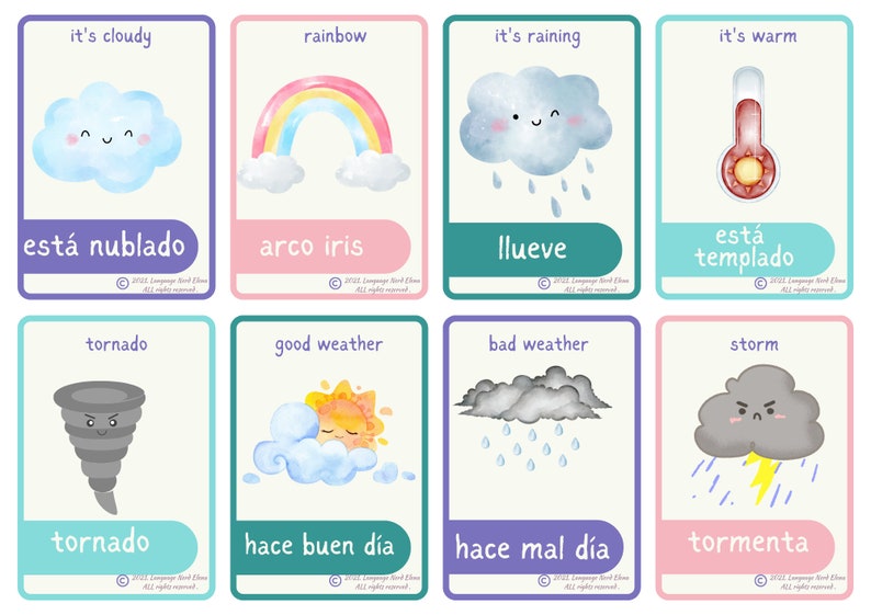 16 Weather BILINGUAL SPANISH ENGLISH Cards Montessori Flashcards Pre ...