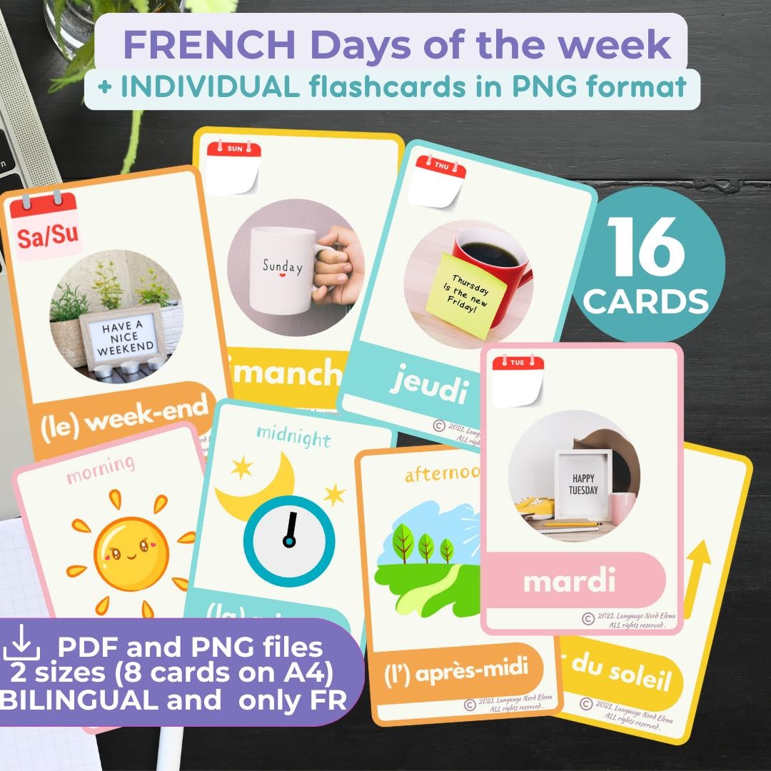 Learn FRENCH Days of the Week Flashcards French English Educational ...
