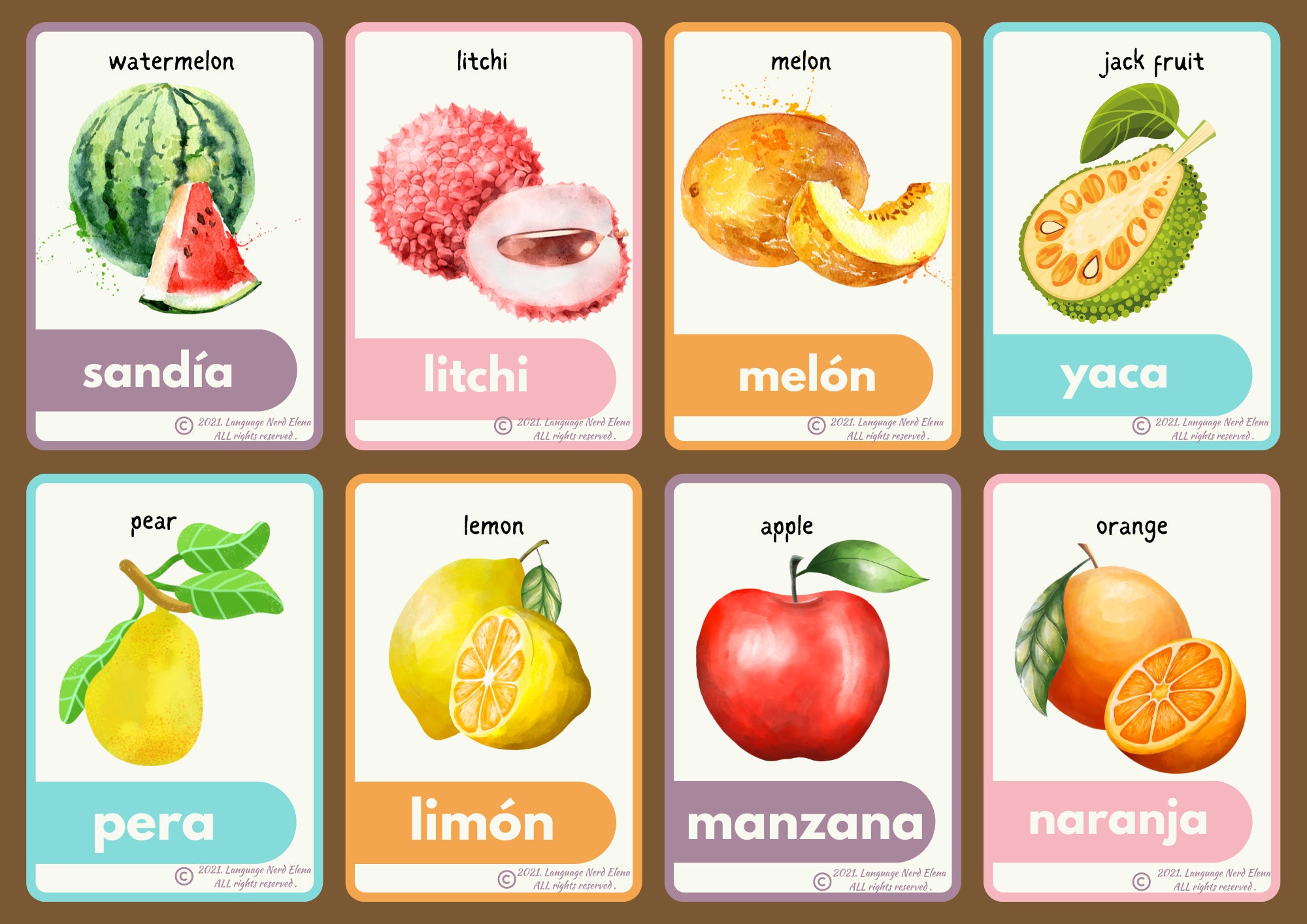 Spanish & English Fruits Cards Watercolour Fruits Cards - Etsy