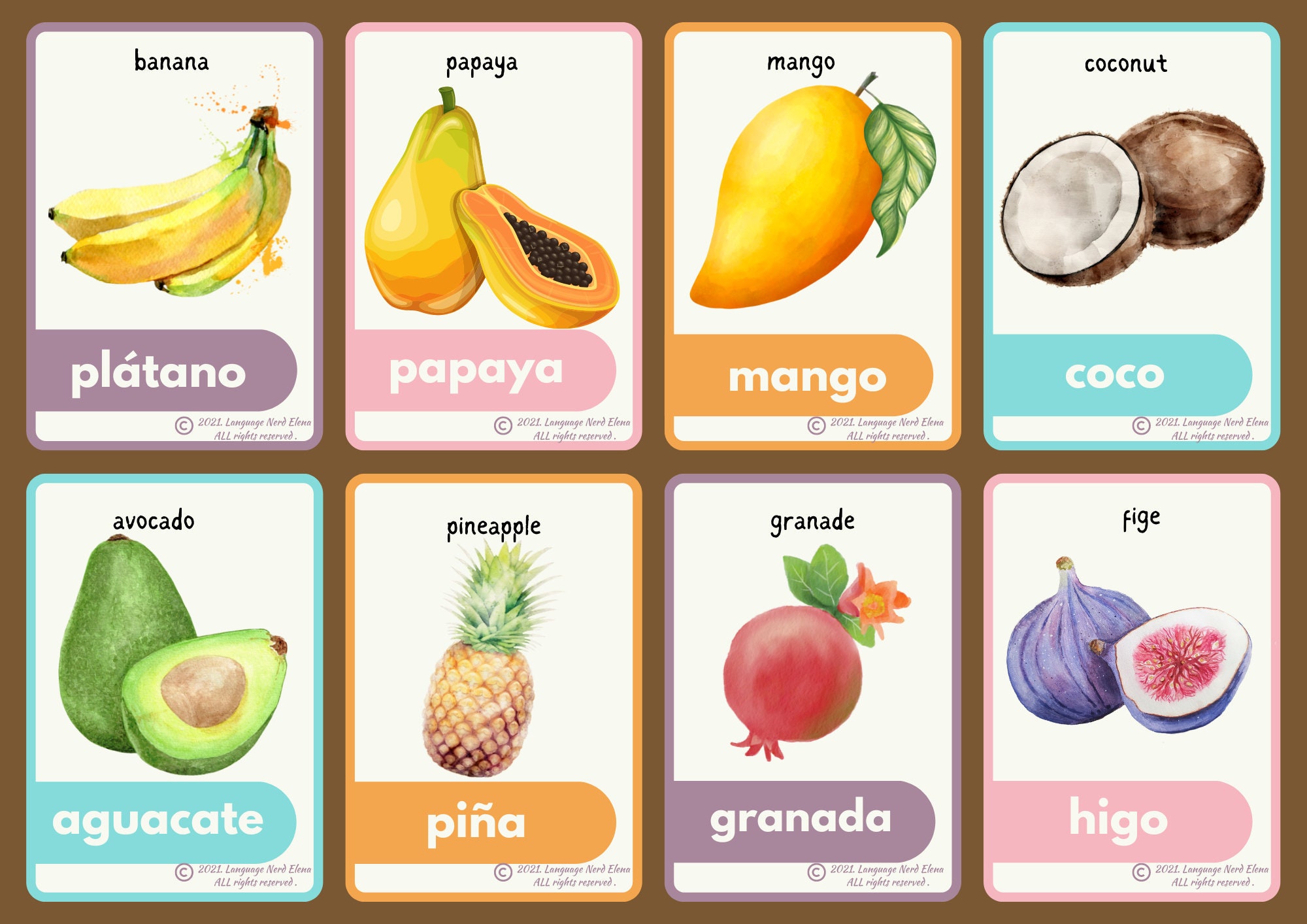 Spanish & English Fruits Cards Watercolour Fruits Cards - Etsy