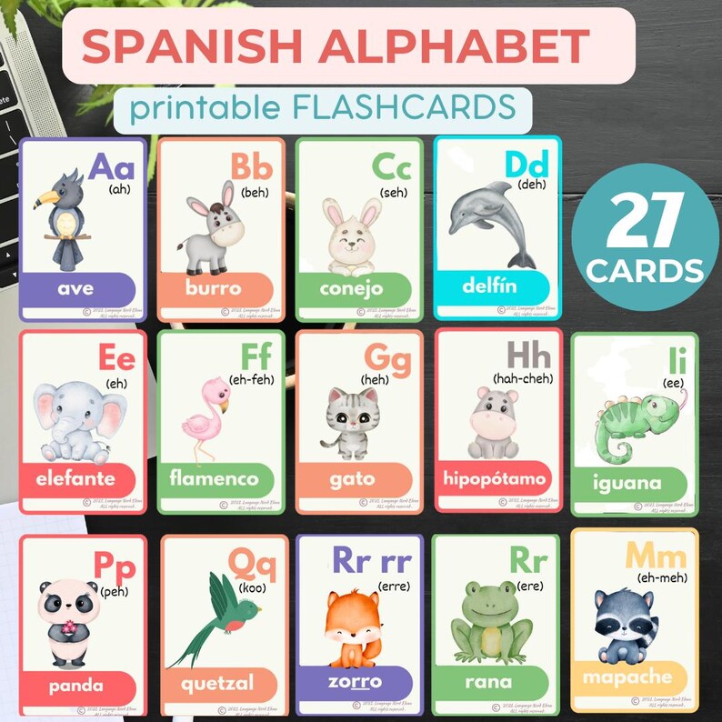 SPANISH ALPHABET Flashcards With Watercolour Animals Educational ...
