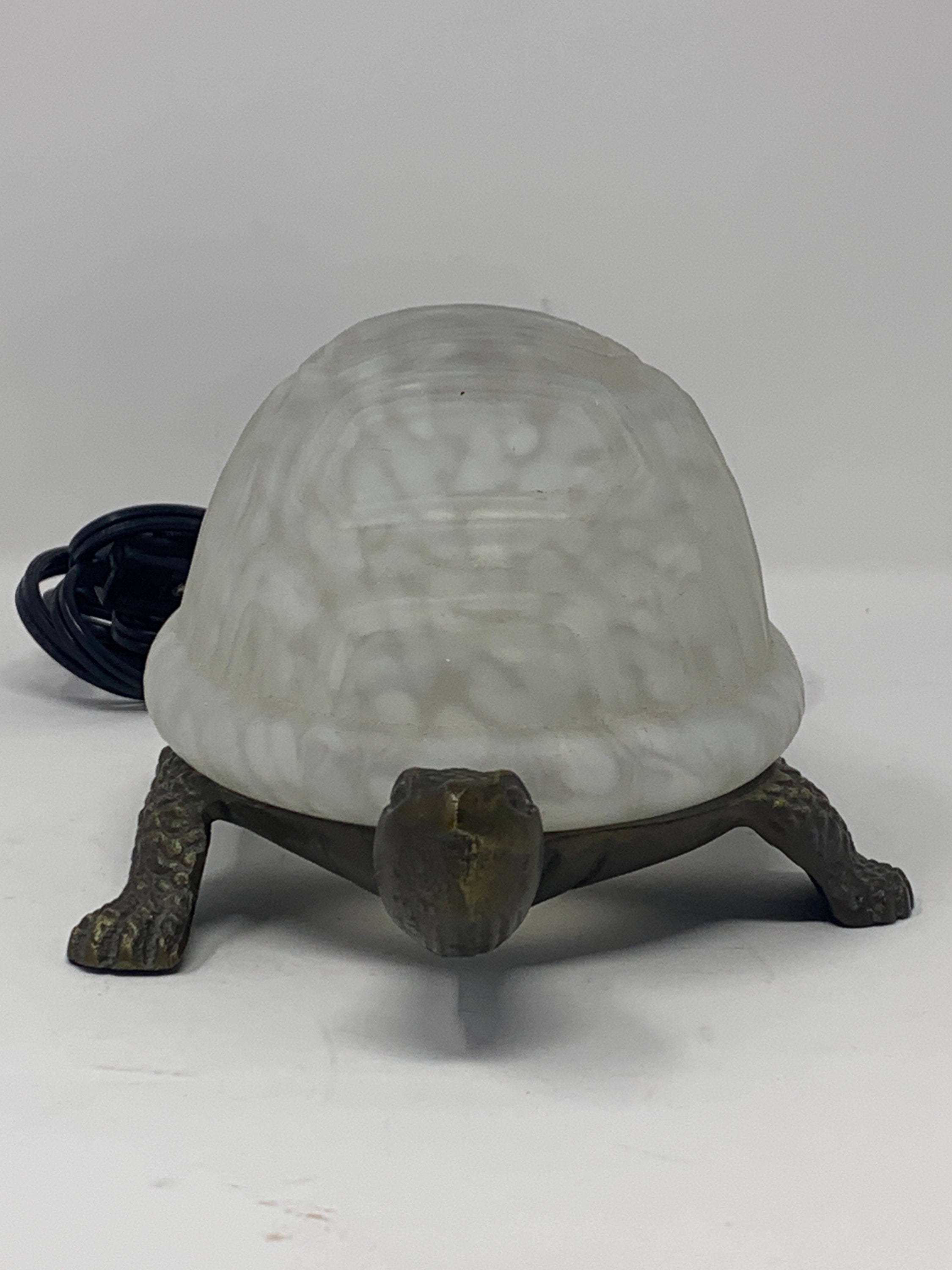 Vintage White Glass Tiffany Style Brass Turtle Accent Table Lamp L ...