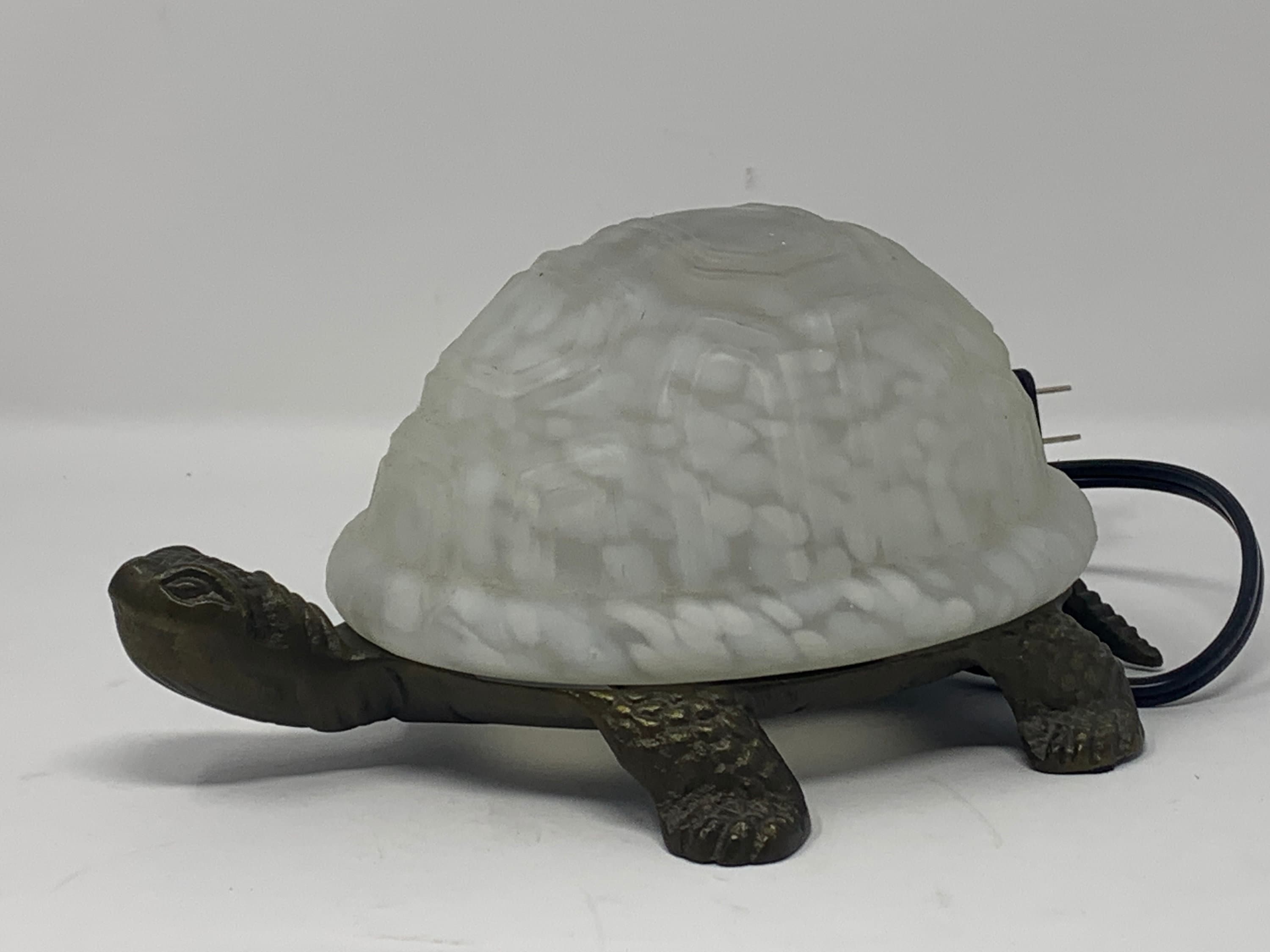Vintage White Glass Tiffany Style Brass Turtle Accent Table Lamp L ...