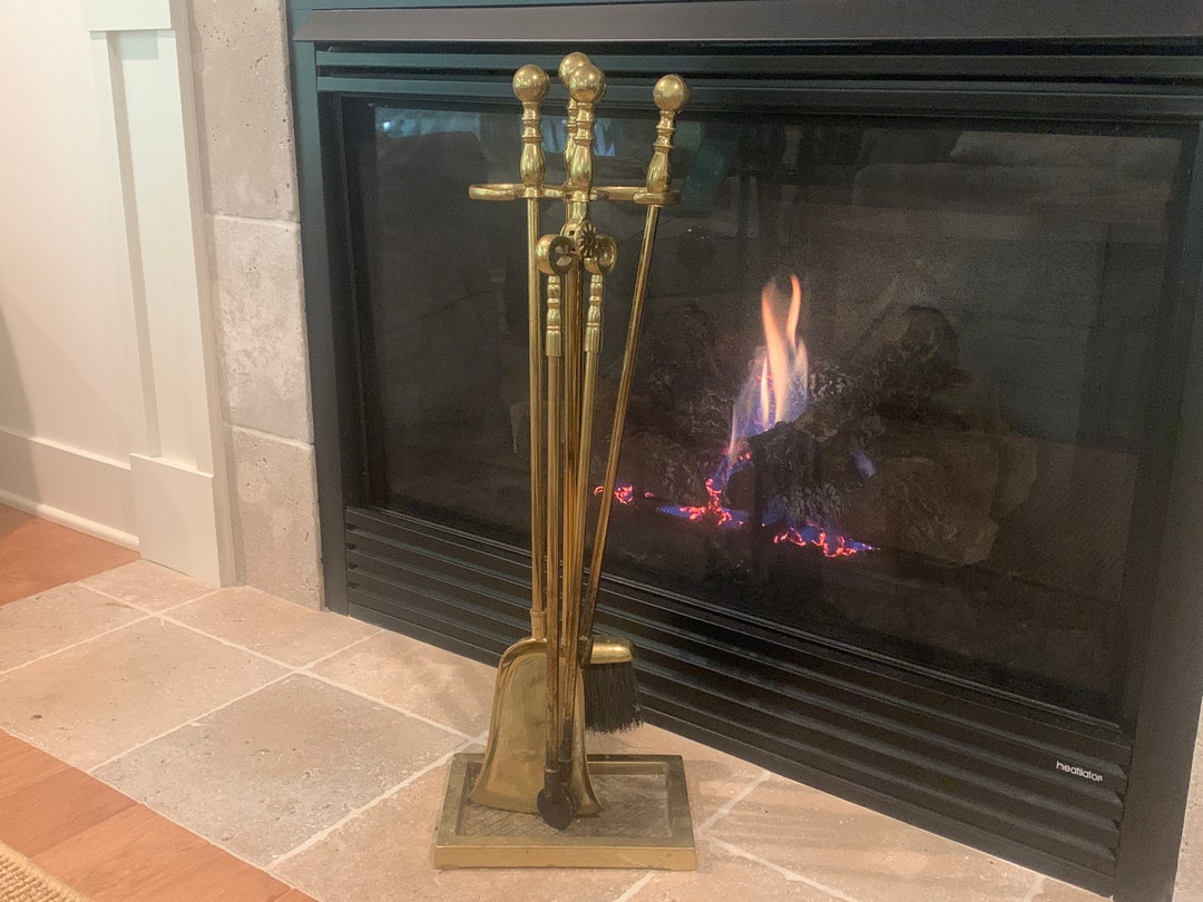 Vintage 4 Piece Solid Brass Fireplace Tool Set With Stand - Etsy