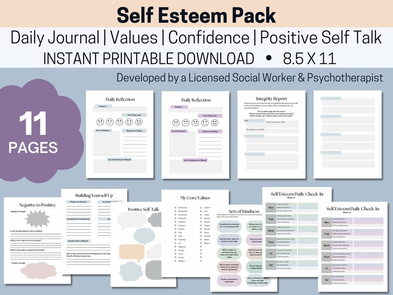 Therapy Worksheets: Self Esteem Pack | 8.5 X 11 Printable Downloads ...