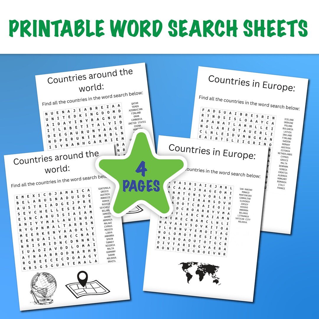 4 Word Search Printable Sheets | Learning Countries | Geography | Fun ...