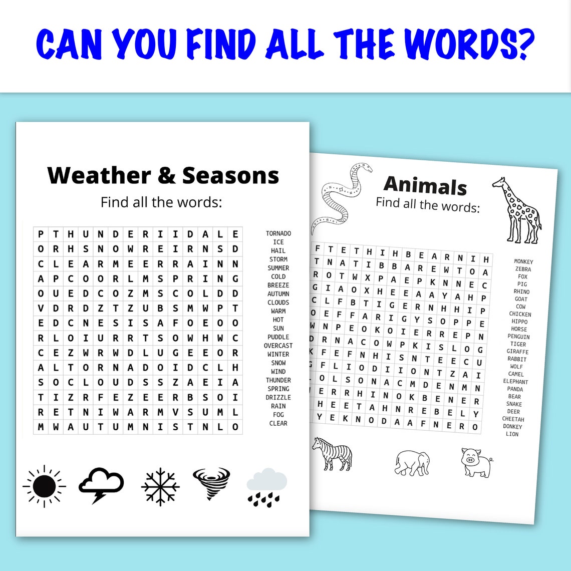 5 Word Search Printable Sheets | Kids Activities | Activity Pack ...