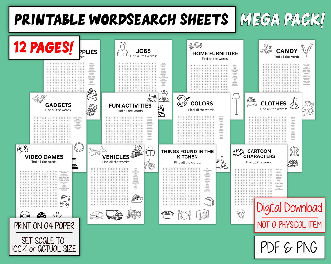 12 Word Search Printable Sheets Kids Activities Activity Pack Puzzle ...