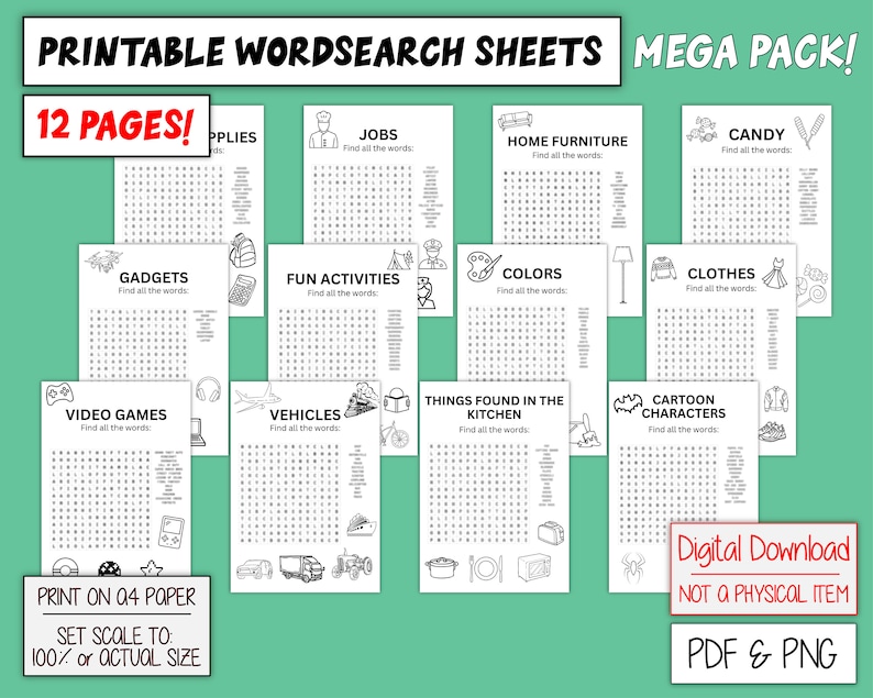12 Word Search Printable Sheets Kids Activities Activity - Etsy