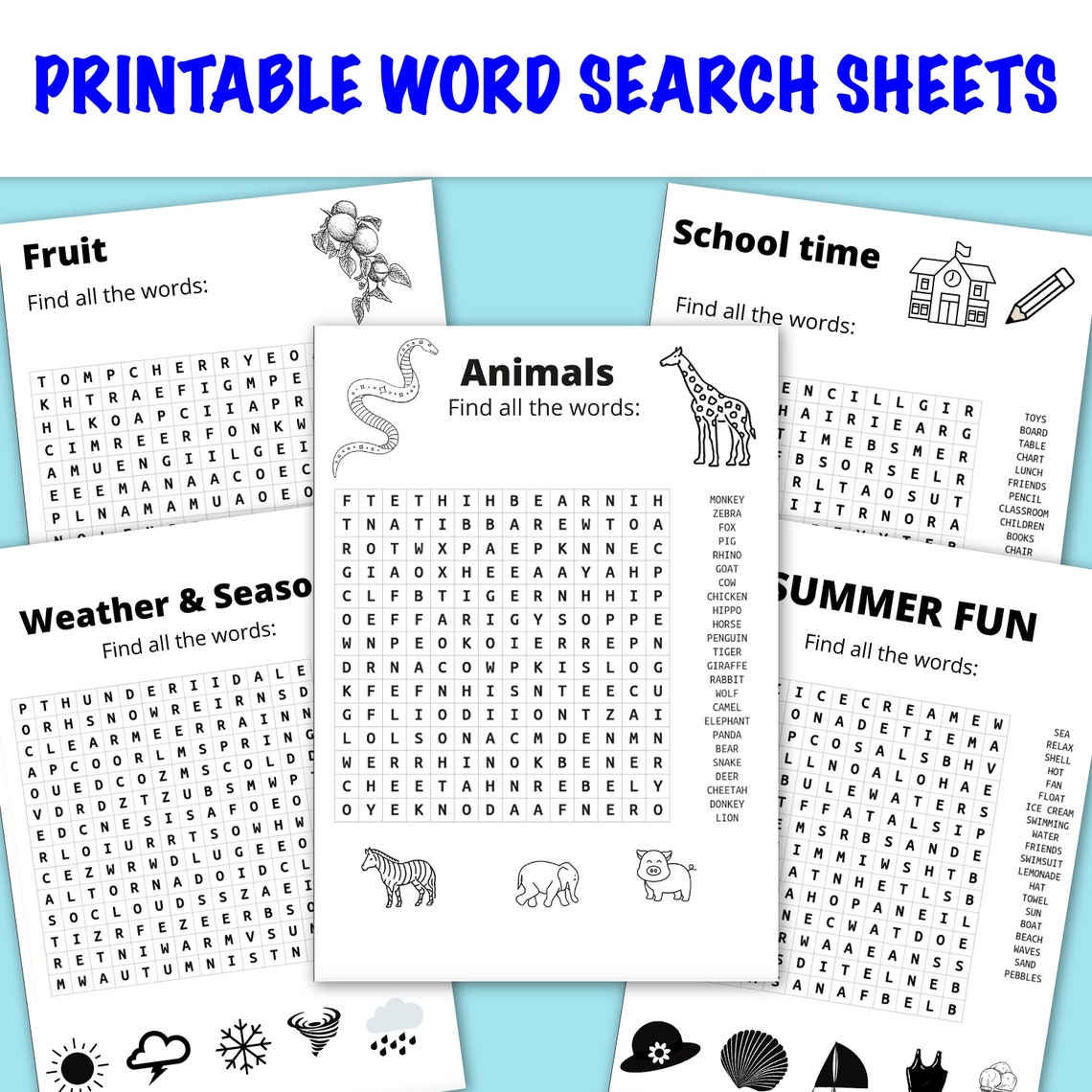 5 Word Search Printable Sheets | Kids Activities | Activity Pack ...