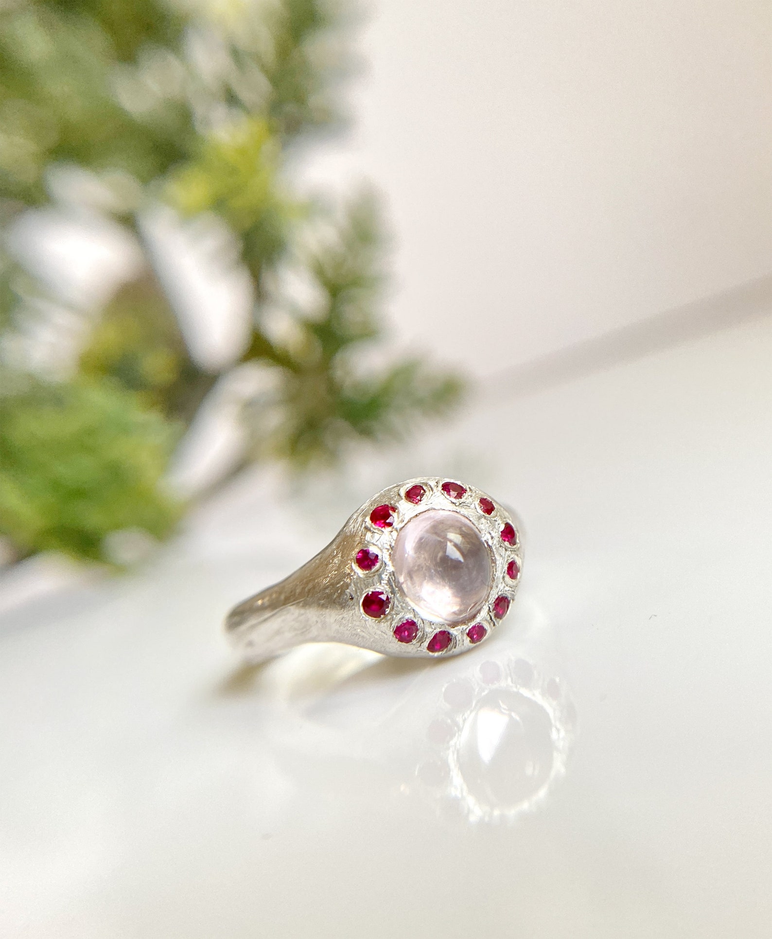 Pink Cabochon Spinel Ring With Red Ruby, Vintage Sterling Silver, IN ...