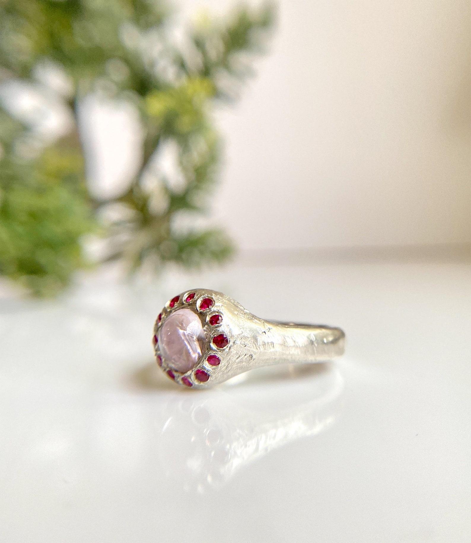 Pink Cabochon Spinel Ring With Red Ruby, Vintage Sterling Silver, IN ...