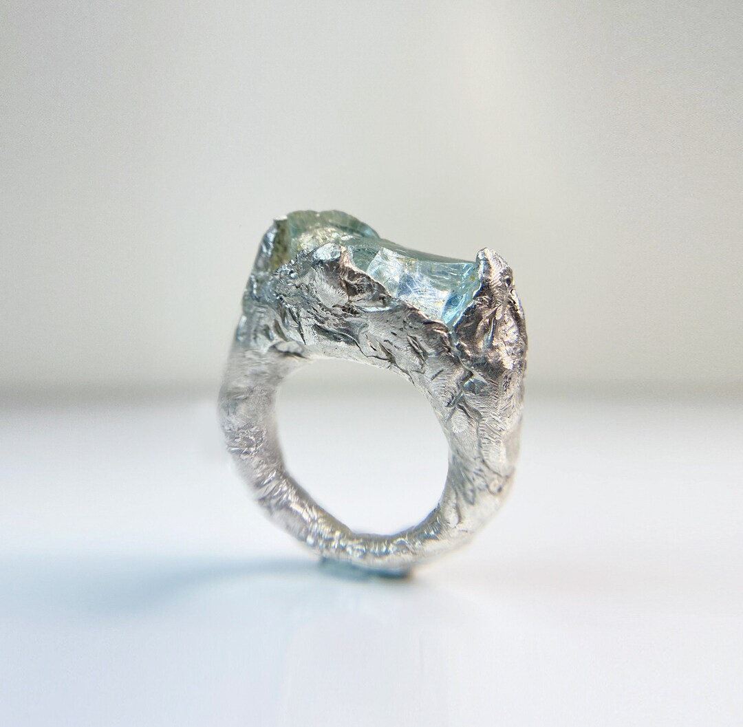 Rough Style Ring With Large Natural Aquamarine Stoneunusual Chunky Band ...