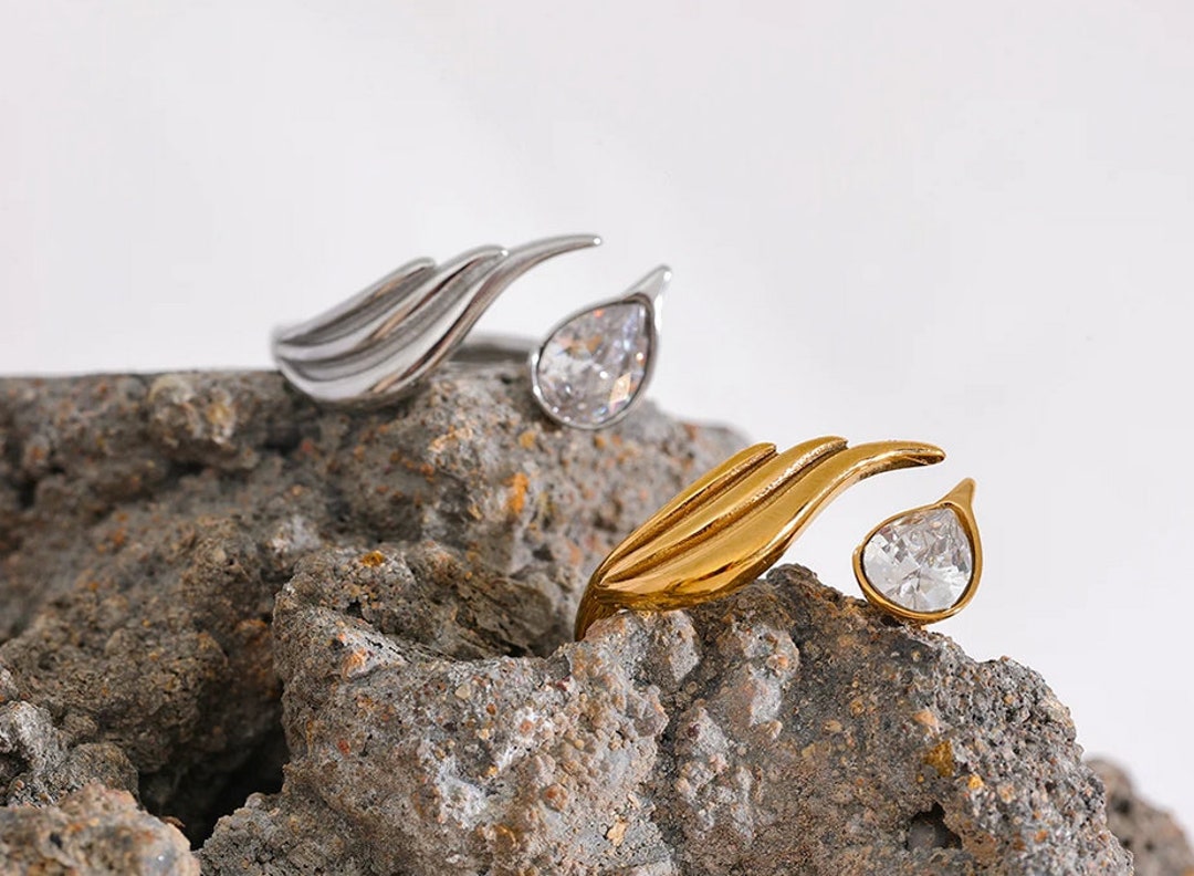 Wing Ring, Diamond Ring, Wavy Ring, Open Finger Ring, Dainty Twisted ...