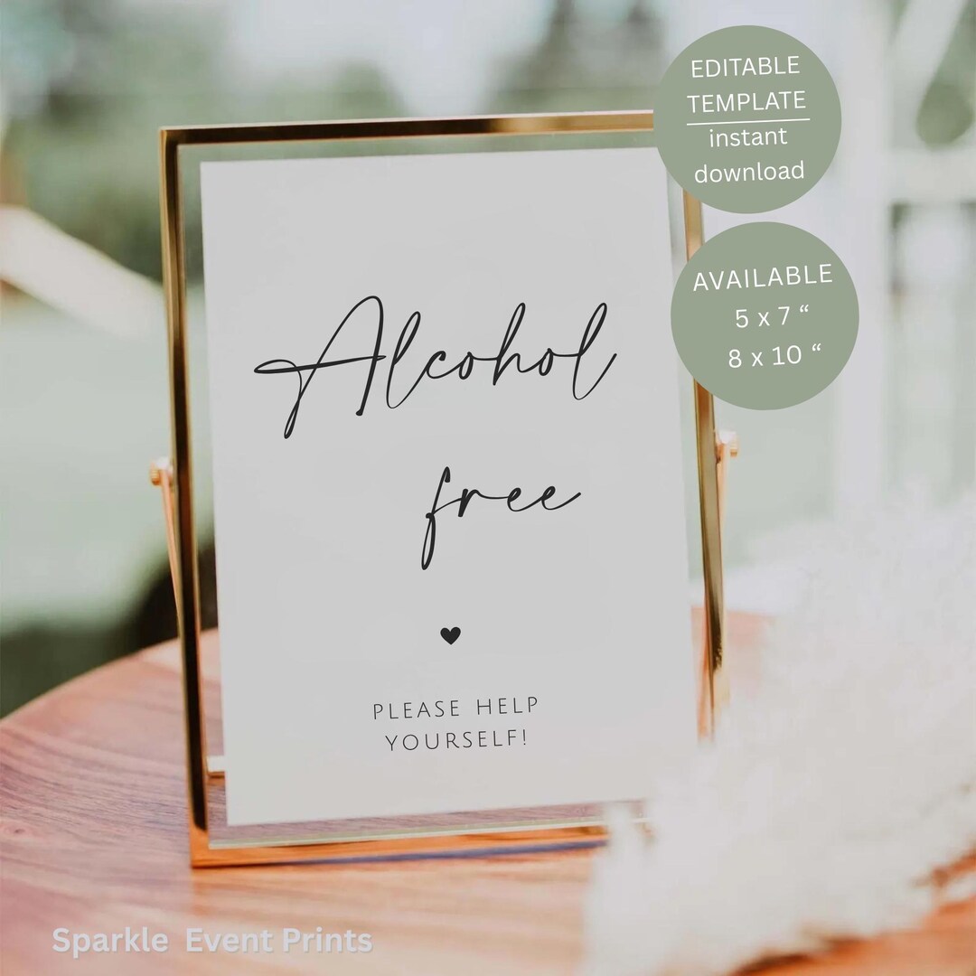 Alcohol Free Sign, Printable Wedding Table Decor, Editable Canva ...