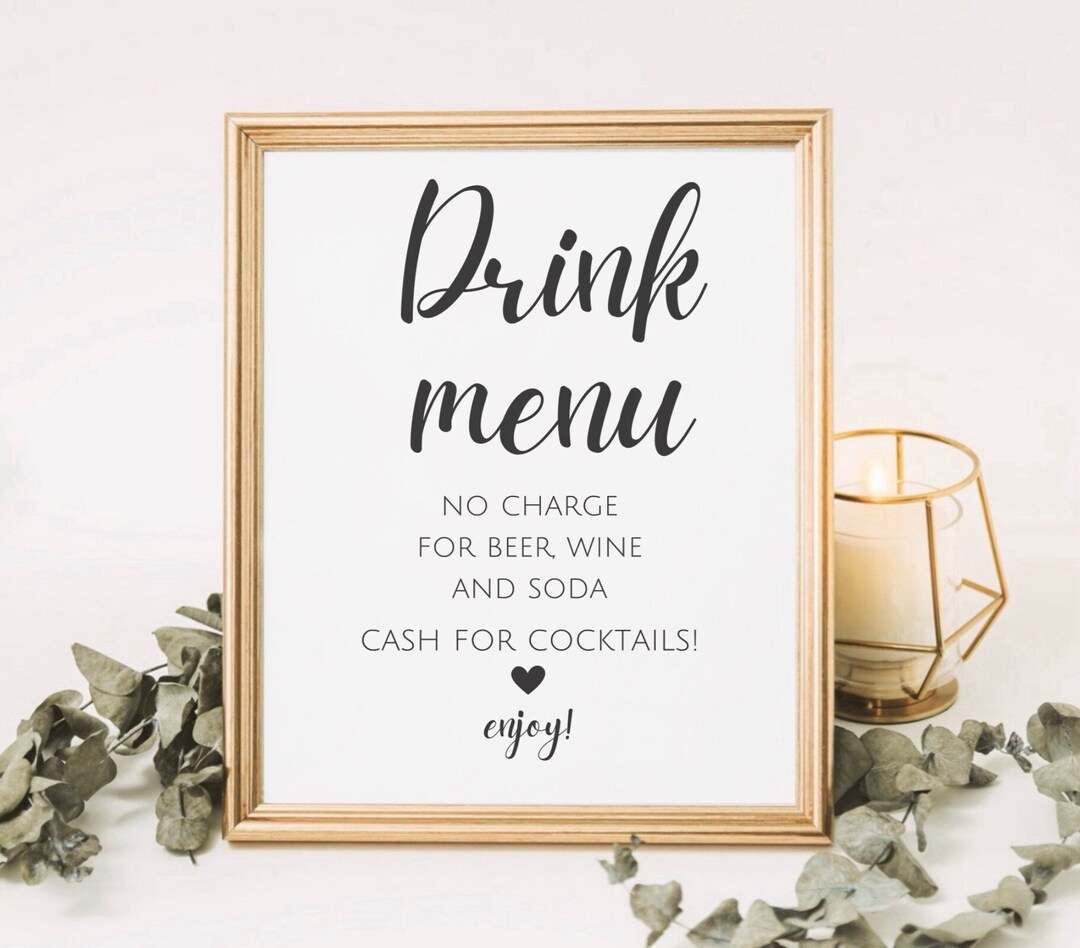 Drink Menu Sign, No Charge for Beer Wine and Soda, Cash for Cocktails ...