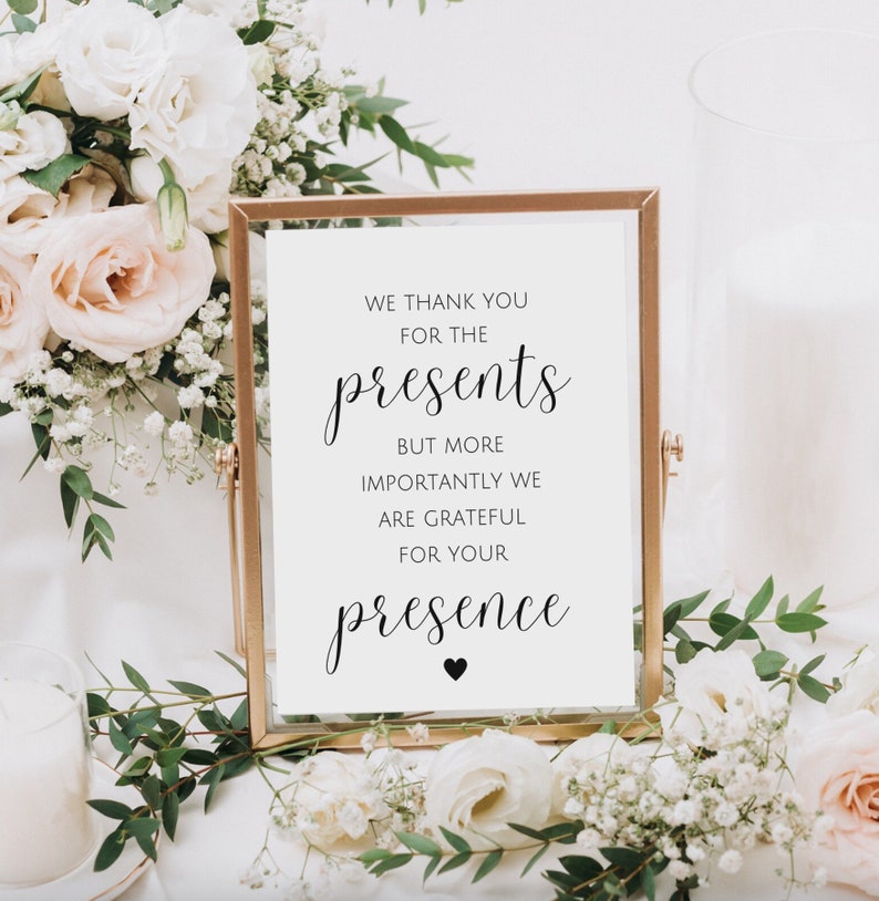 We Thank You for the Presents Sign, Minimalist Wedding Cards and Gifts ...