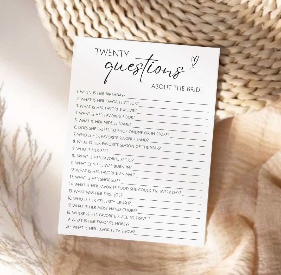 20 Questions About the Bride, Minimalist Bridal Trivia Game Card ...