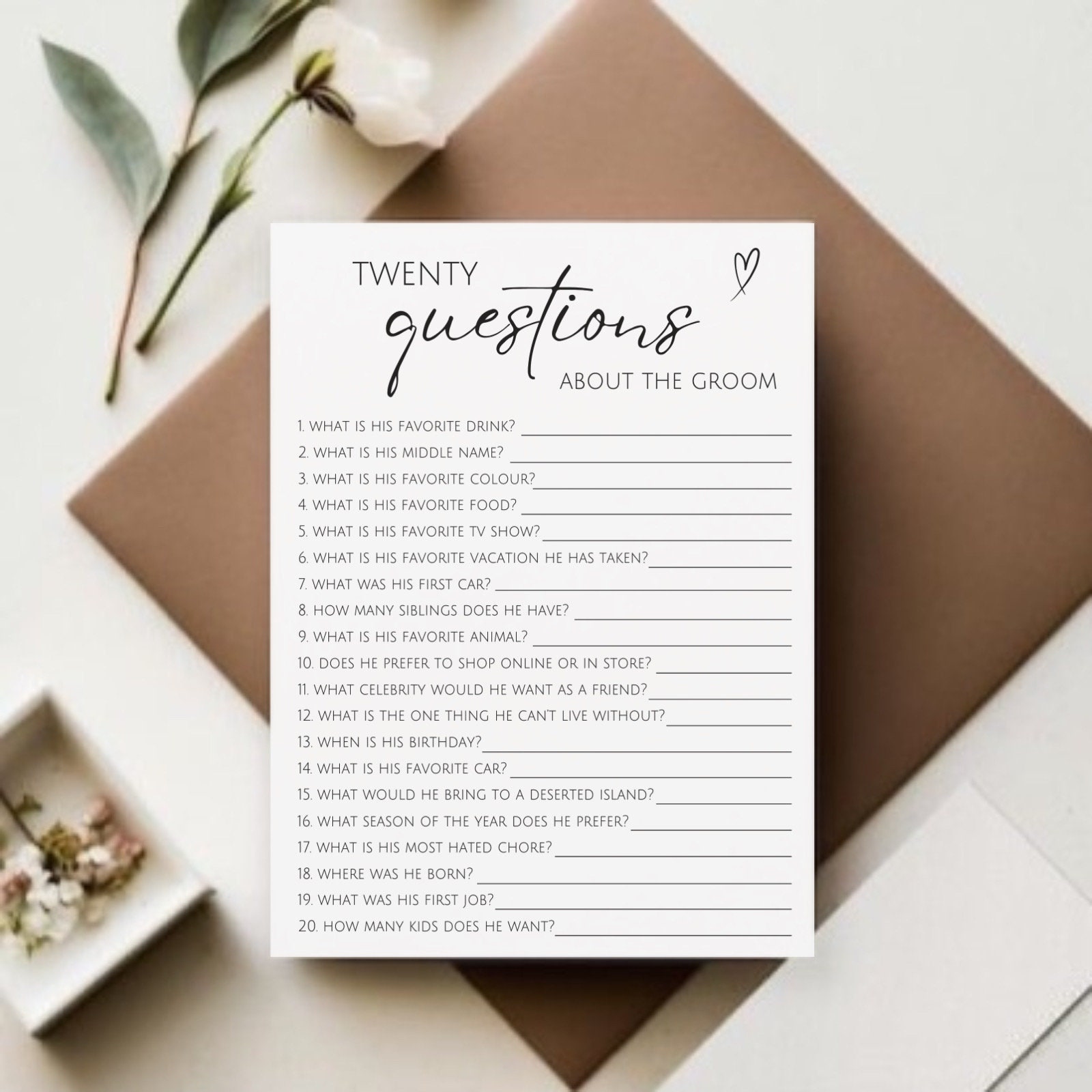 20 Questions About the Groom, Minimalist Bridal Trivia Game Card ...