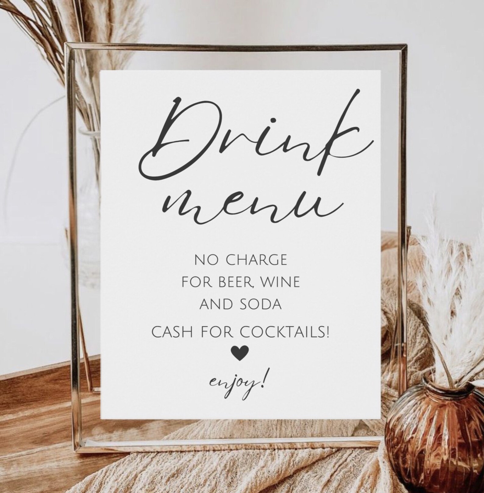 Drink Menu Sign, No Charge for Beer Wine and Soda, Cash for Cocktails ...