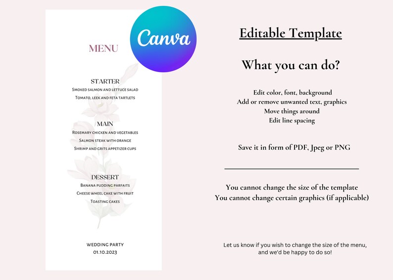 Wedding Menu Digital Template, 100% Customizable Menu, Elegant Menu ...