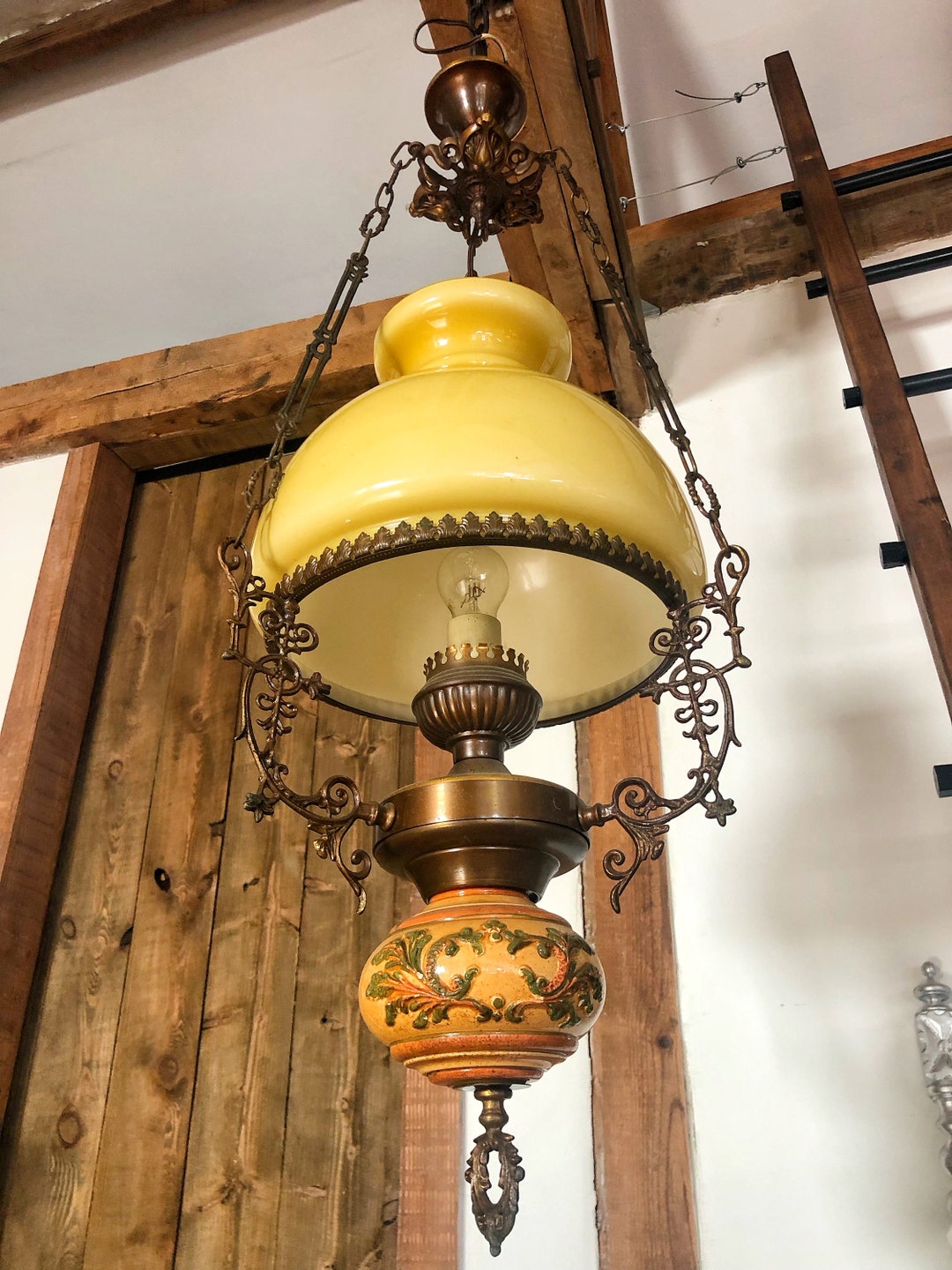 Antique, Vintage French Hanging Lamp With Fine Porcelain and Metal ...