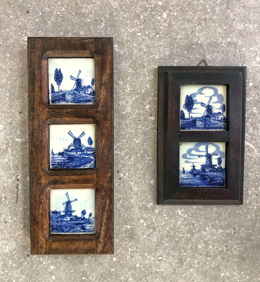 Set of Two Delft Blue Windmill Tile Hard Wood Frames, Early 1900s ...