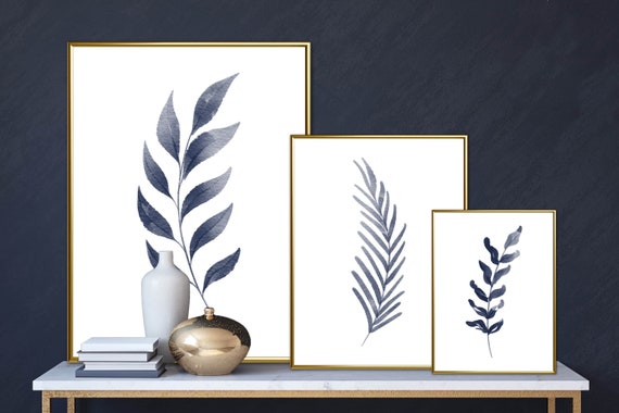 Navy Blue Botanical Print Set of 3 Prints Navy Blue Wall | Etsy