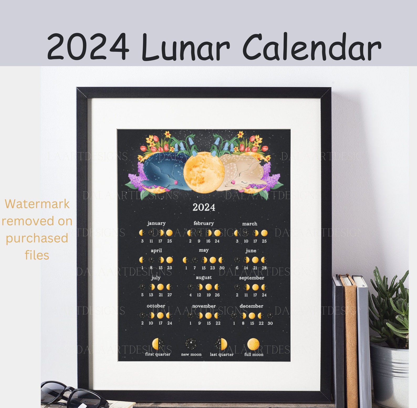 MOON CALENDAR 2024, Lunar Calendar 2024, 2024 Calendar Printable, Moon ...
