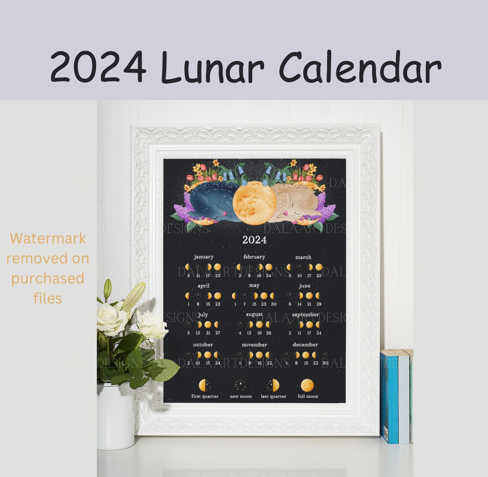 MOON CALENDAR 2024, Lunar Calendar 2024, 2024 Calendar Printable, Moon ...