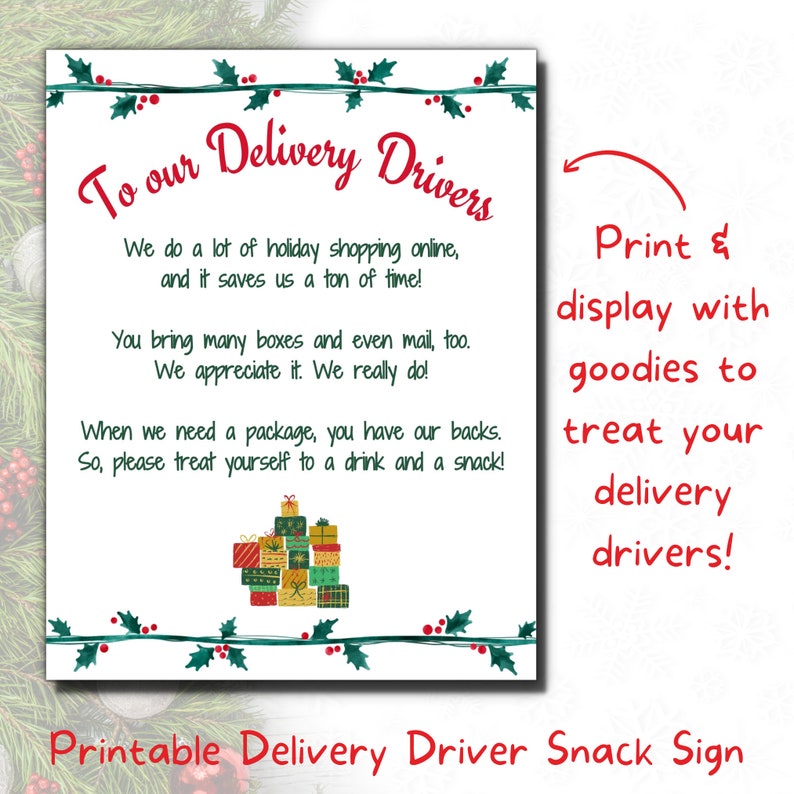 Delivery Driver Snack Sign Printable Mailman Christmas Treats Thank You ...