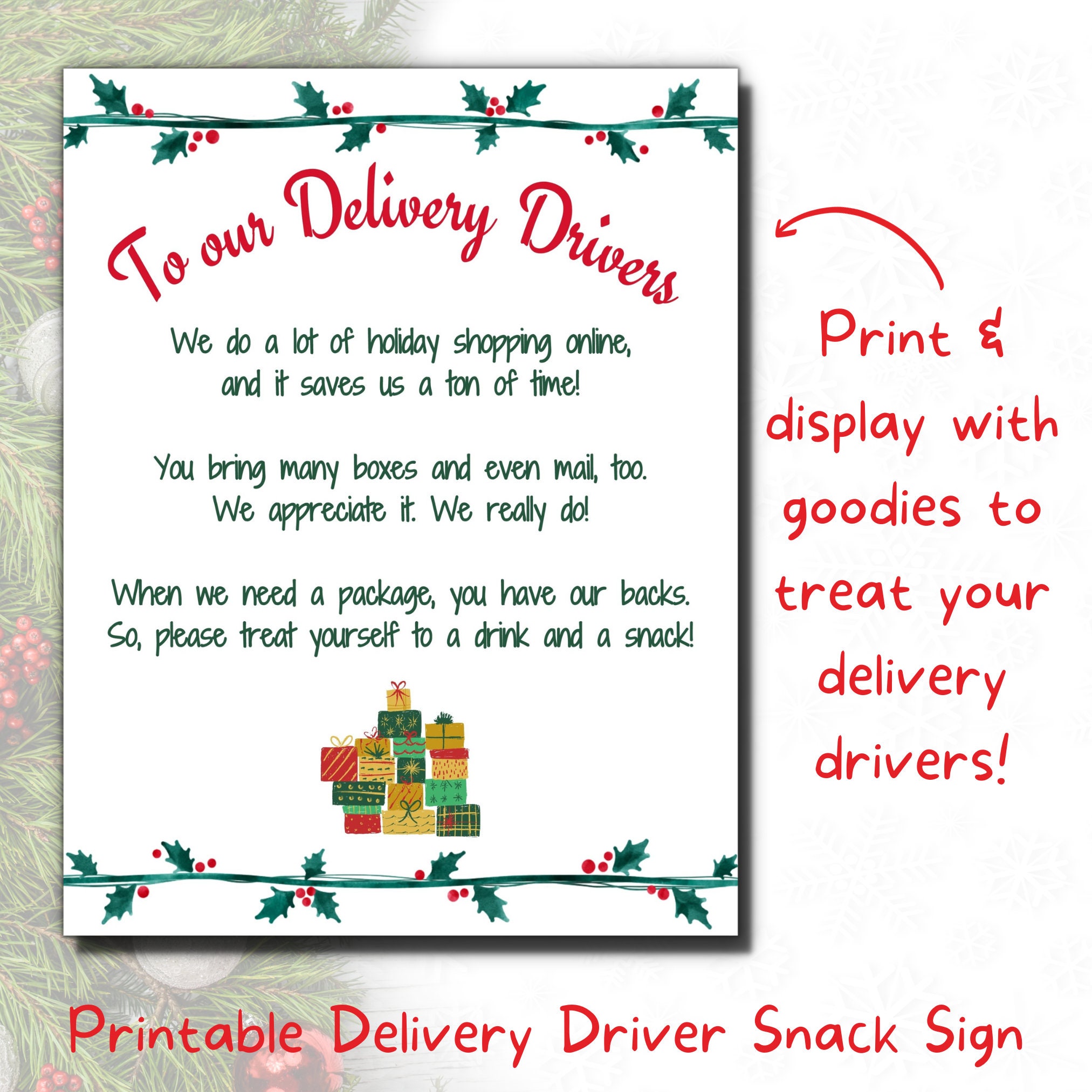 Delivery Driver Snack Sign Printable Mailman Christmas Treats Thank You ...