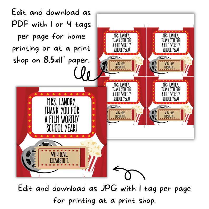 Movie Night Favor Tag 4x4 Inch - Movie and Popcorn Night Teacher ...