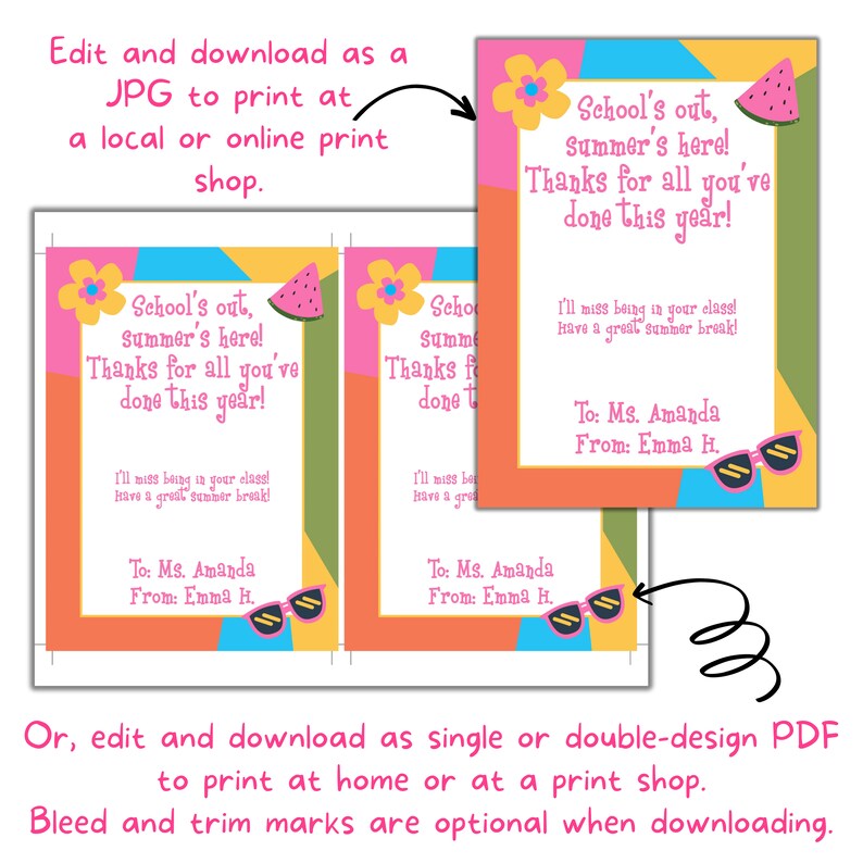 End of Year Teacher Printable Gift Card Holder Colorful Summer Gift for ...