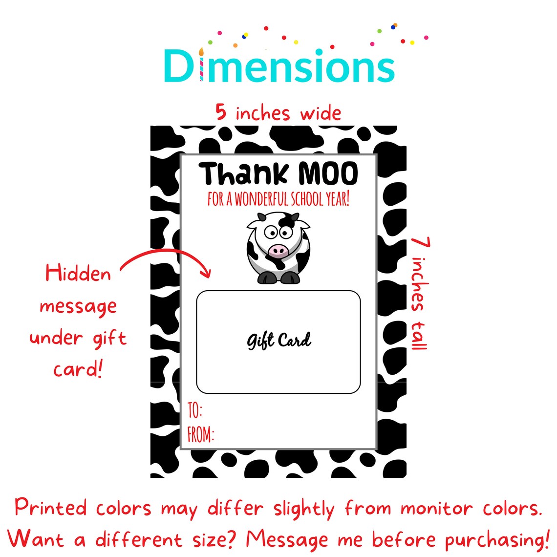 End of Year Teacher Gift Card Holder - Cow Restaurant Printable Gift ...